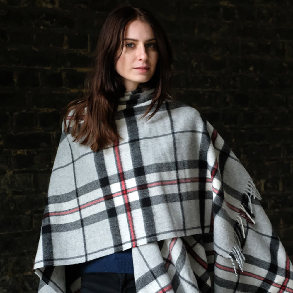 Merino Lambswool Poncho - Merino Shawl - Grey Thompson Tartan ...